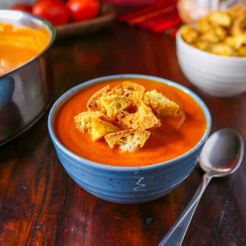 Chipotle Tomato Soup with Homemade Croutons