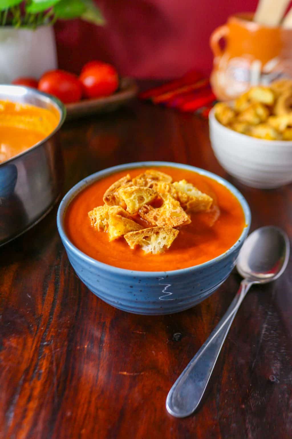 Chipotle Tomato Soup with Homemade Croutons